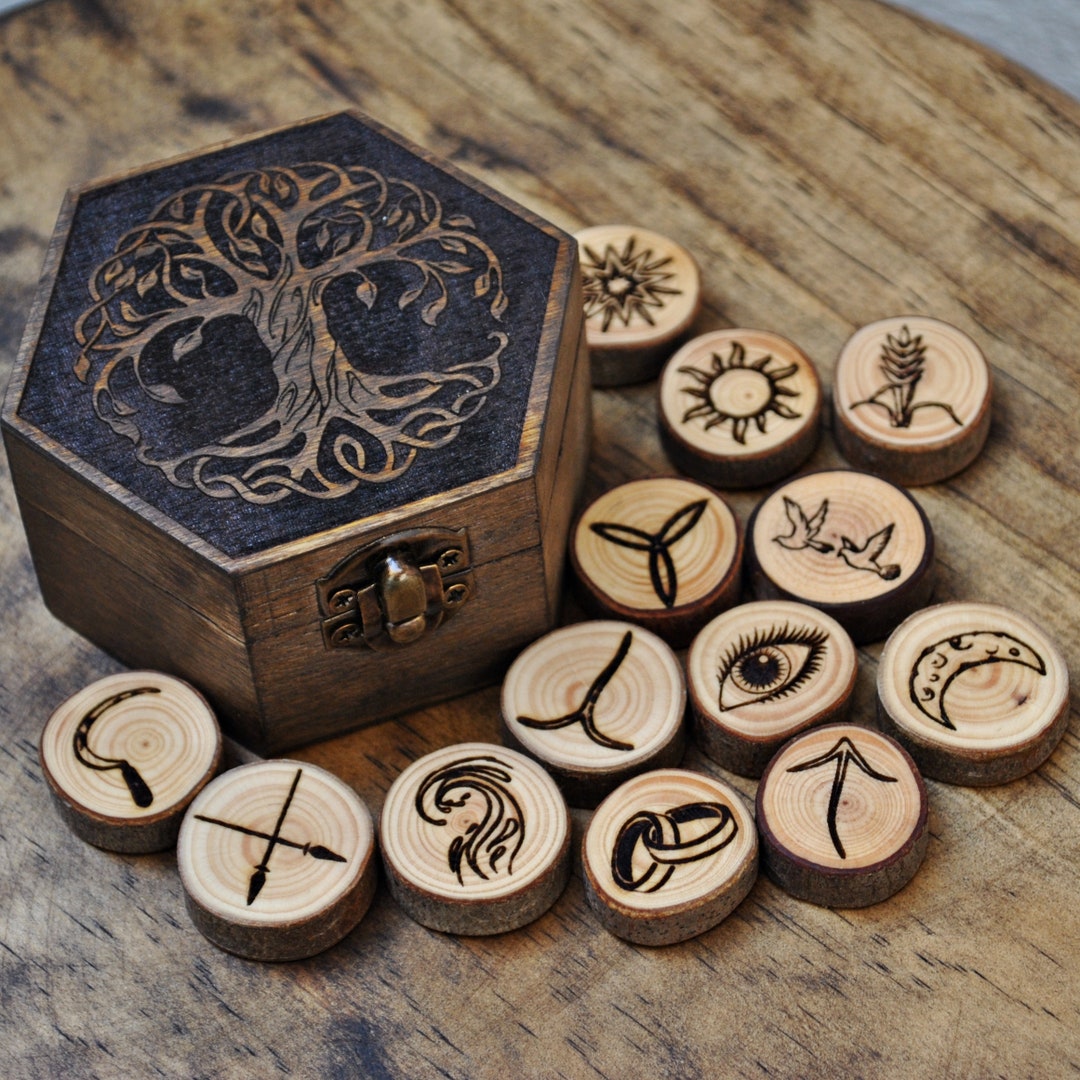 Wooden Witch Runes With Hexagonal Box of the Tree of Life. Divination ...