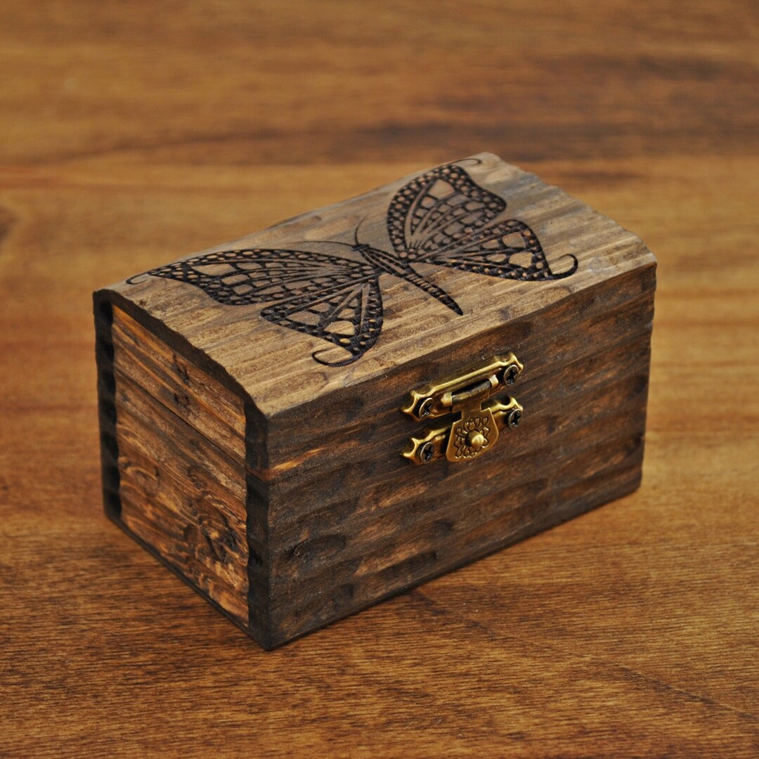 Rectangular Wooden Box Engraved With Butterfly. Small Jewelry Chest ...