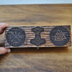 Viking Box Engraved With Mjolnir, Valknut and Vegvisir, Wooden ...