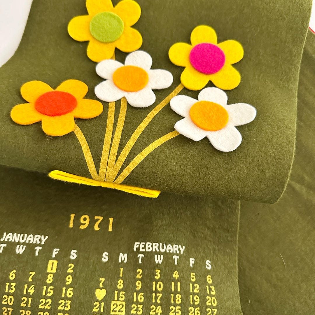 Groovy Flower Power Vintage Felt 1971 Hanging Wall Calendar With Wood ...