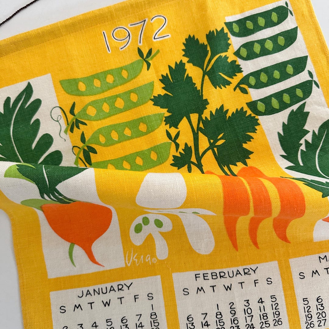 Vintage VERA 1972 Veggies Mushrooms Printed Linen Calendar Towel With ...