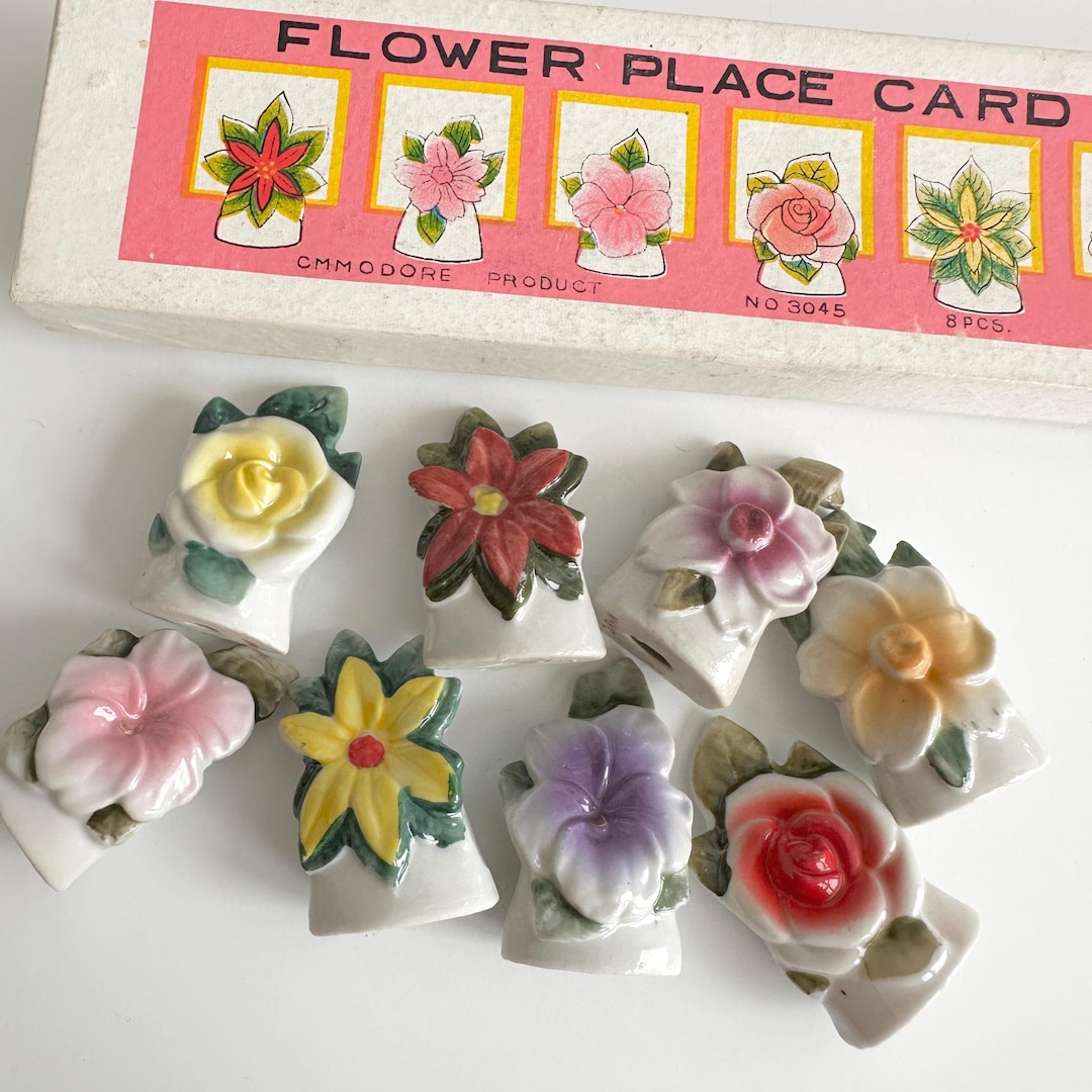 Vintage Set of 8 Ceramic FLOWER Place Card Holders in Original Box ...