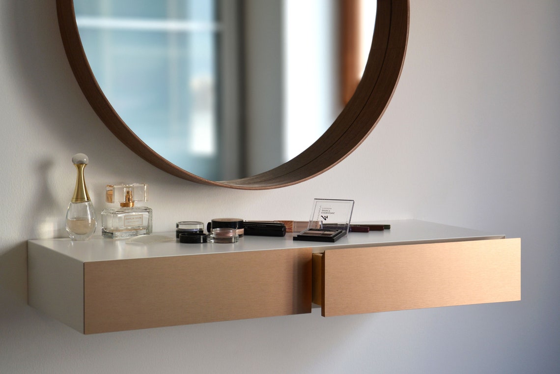 Minimalist White Floating Dressing Table / Vanity Shelf With COPPER ...