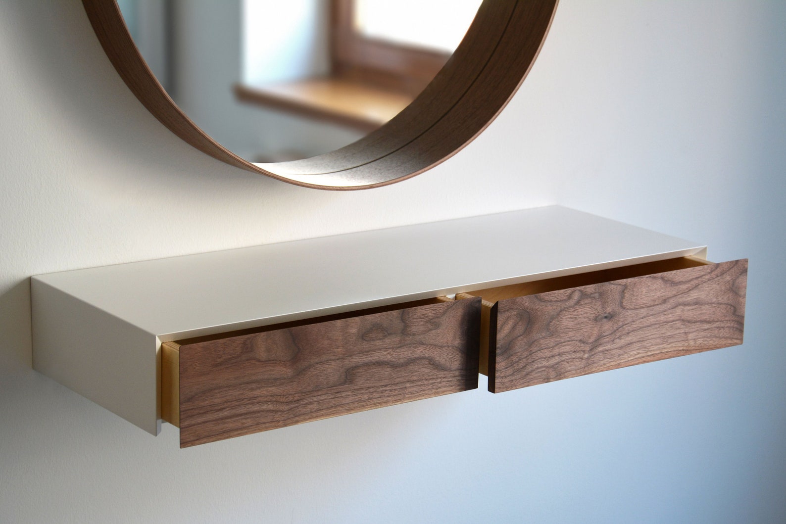 Minimalist White Floating Dressing Table / Vanity Shelf With Walnut ...