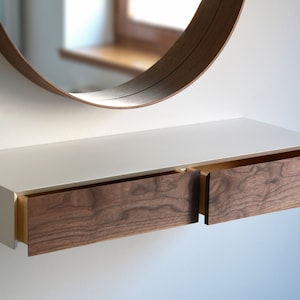 Minimalist White Floating Dressing Table / Vanity Shelf With Walnut ...