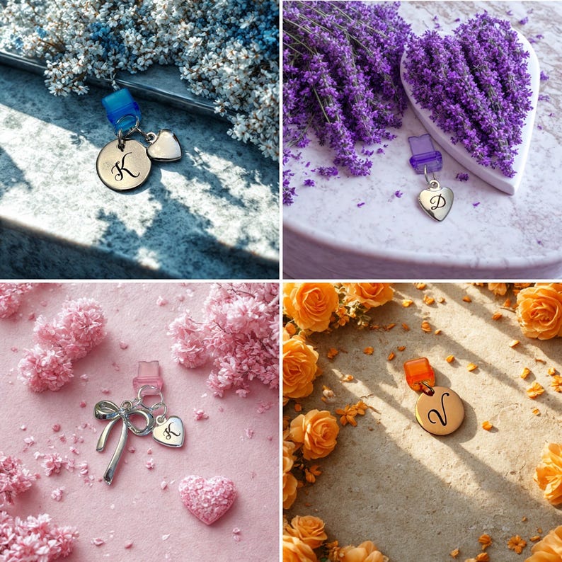 Personalized Initial Phone Charm, Engraved Heart or Round Charm and Bow ...