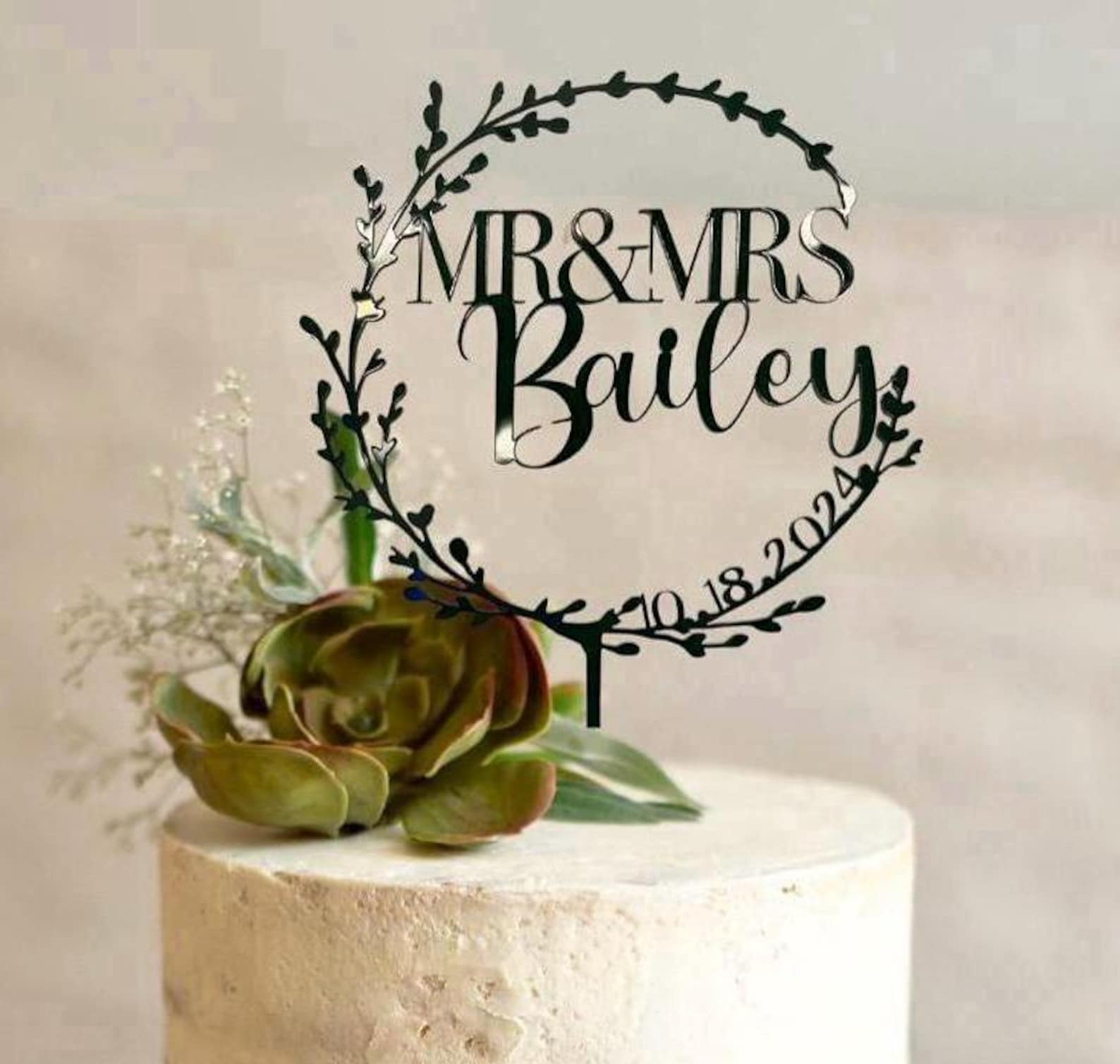 Custom Acrylic Wedding Cake Topper, Mr and Mrs Wreath, Personalized ...