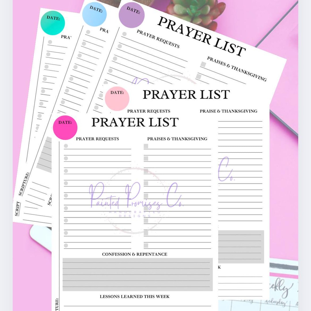 Prayer List Daily Prayer Sheet ~ Set of 5 Color Date PDF, Lists for ...