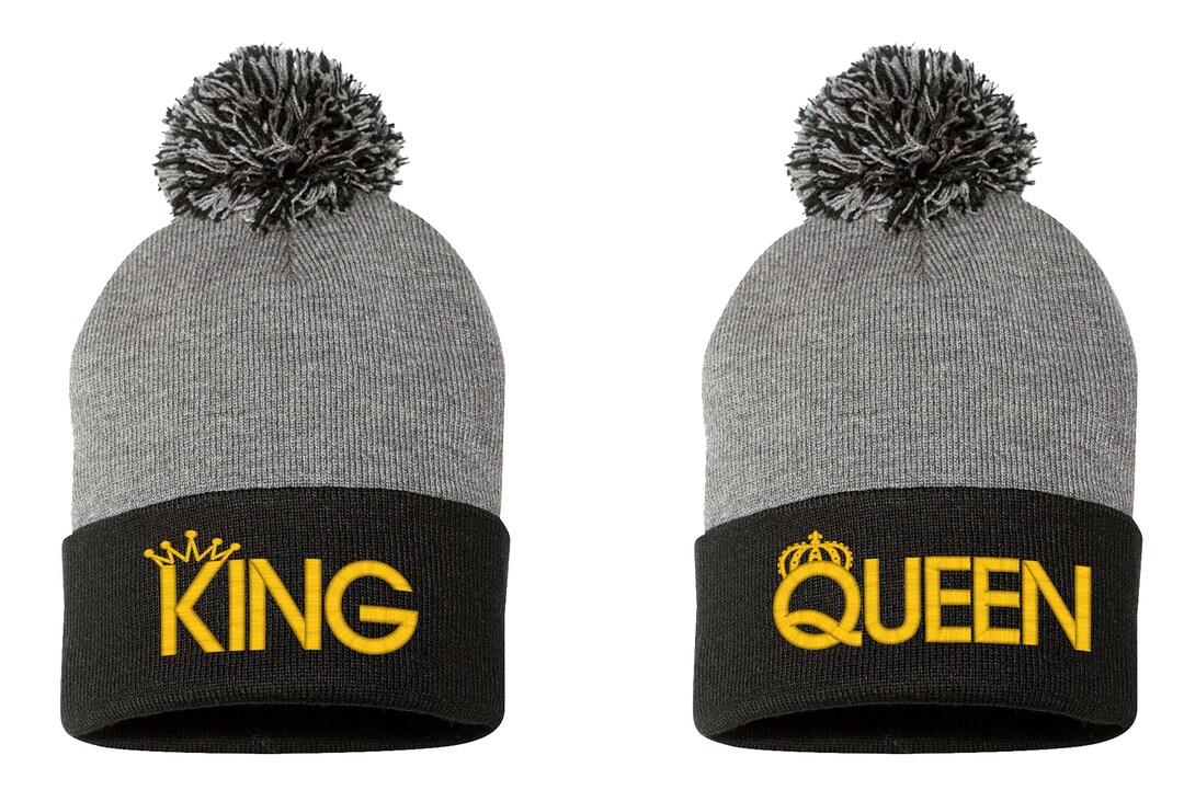 King & Queen Matching Pom on Top Beanie Set Embroidered Couple Beanies ...