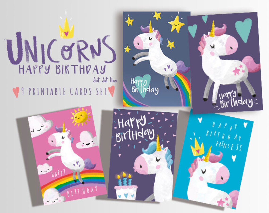 Happy Birthday Unicorn 9 Printable Cards Set 50% OFF! INSTANT DOWNLOAD ...
