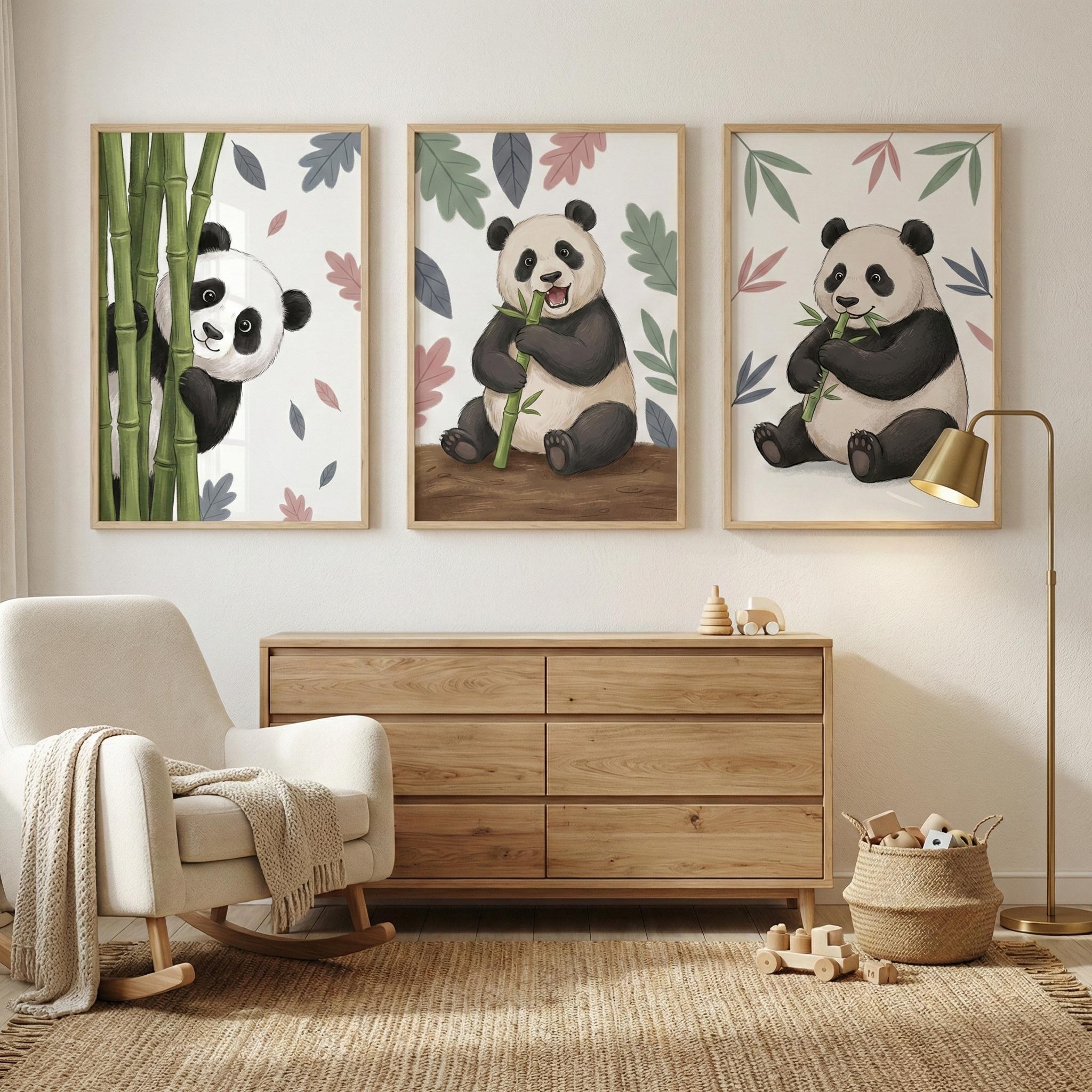 Panda Wall Art Set of 3, Nursery Wall Decor, Cute Panda Illustration ...