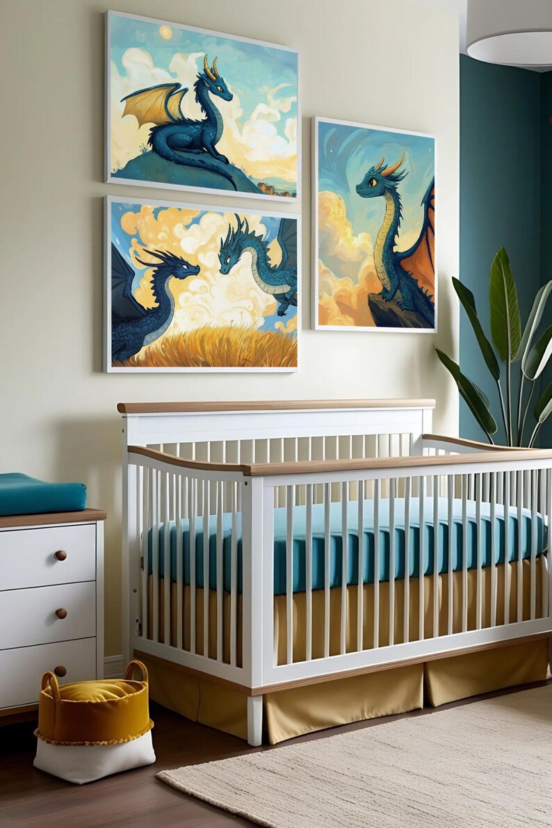 Whimsical Dragon Framed Wall Art Set for Nursery & Kids' Room ...