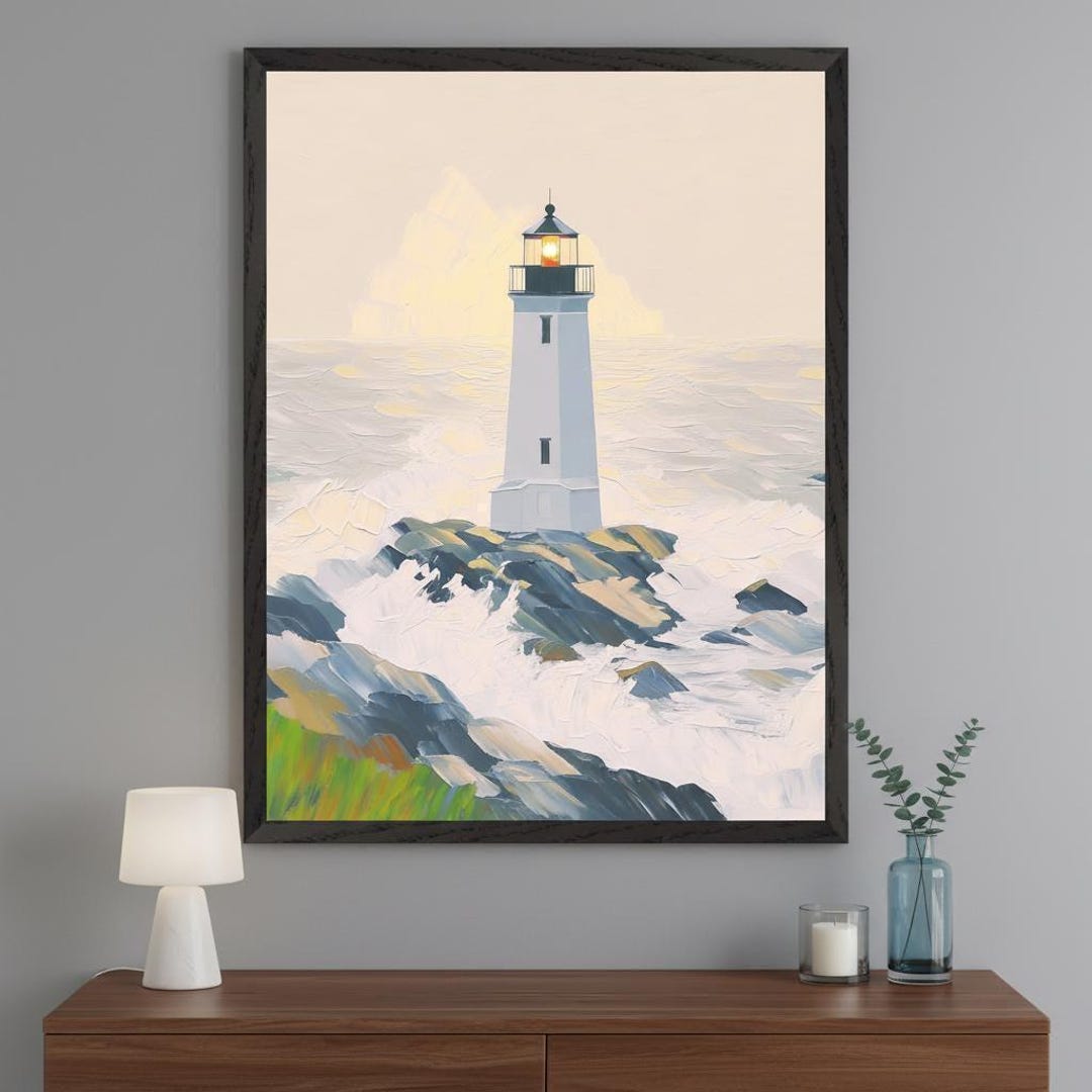 Coastal Lighthouse Impasto Texture Wall Art, Nautical Ocean Wave Decor ...