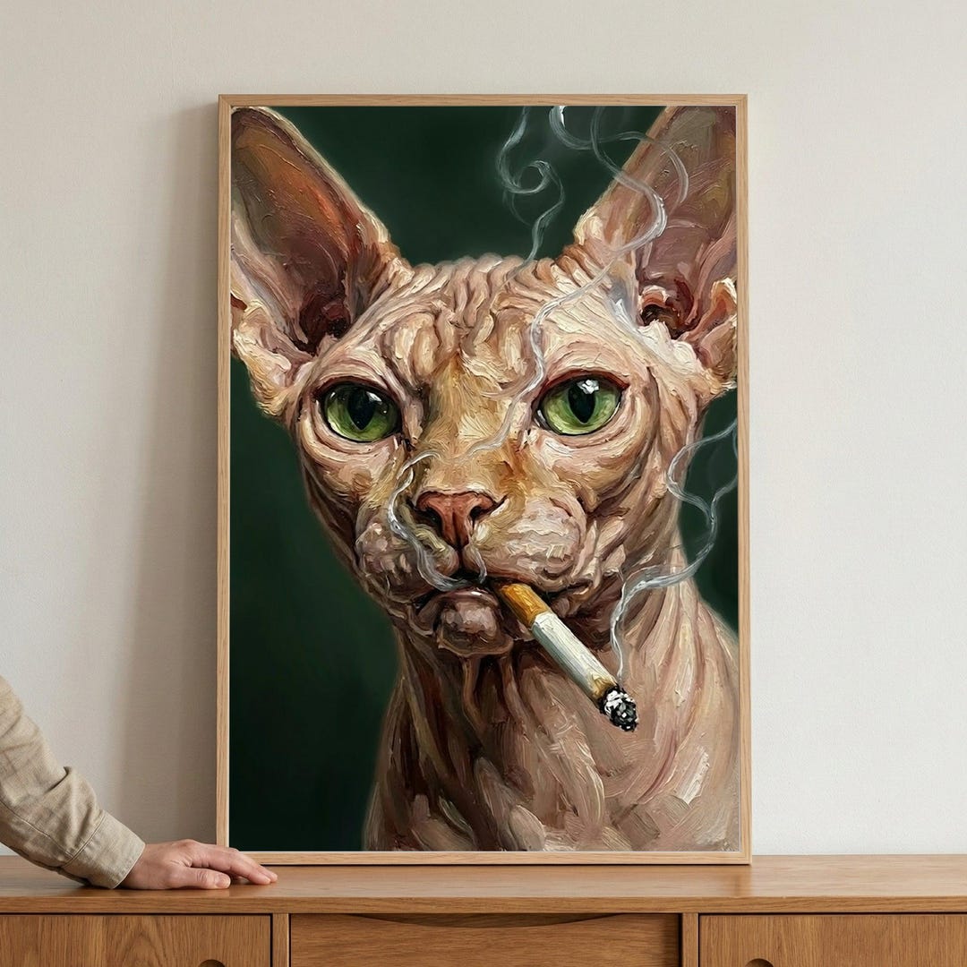 Hairless Cat Impasto Texture Wall Art, Sphynx Cat Smoking Cigarette ...