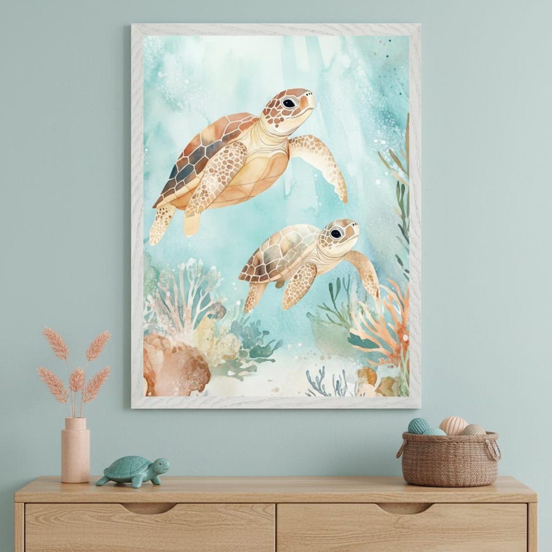 Sea Turtle Watercolor Ocean Wall Art, Nursery Marine Life Decor ...