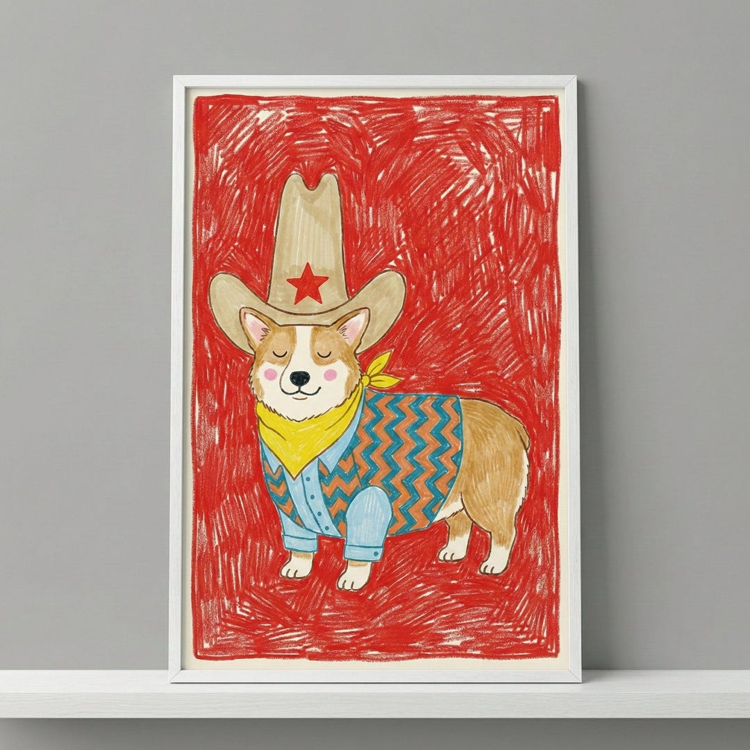 Corgi Dog Cowboy Style Wall Art, Western Pet Nursery Decor, Whimsical ...
