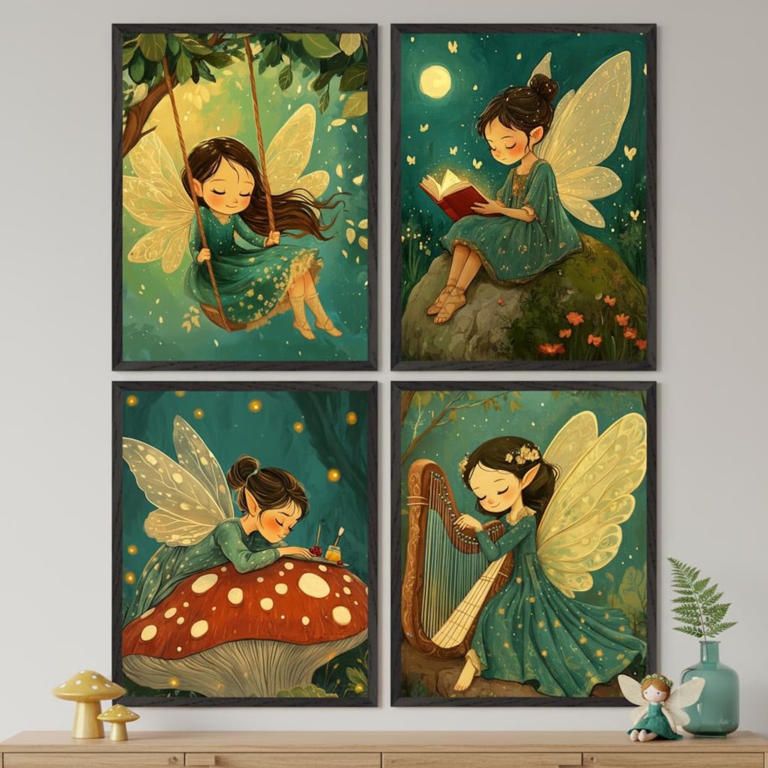 Fairy Kids Room Wall Art - Set of 4, Enchanted Forest Nursery Decor ...