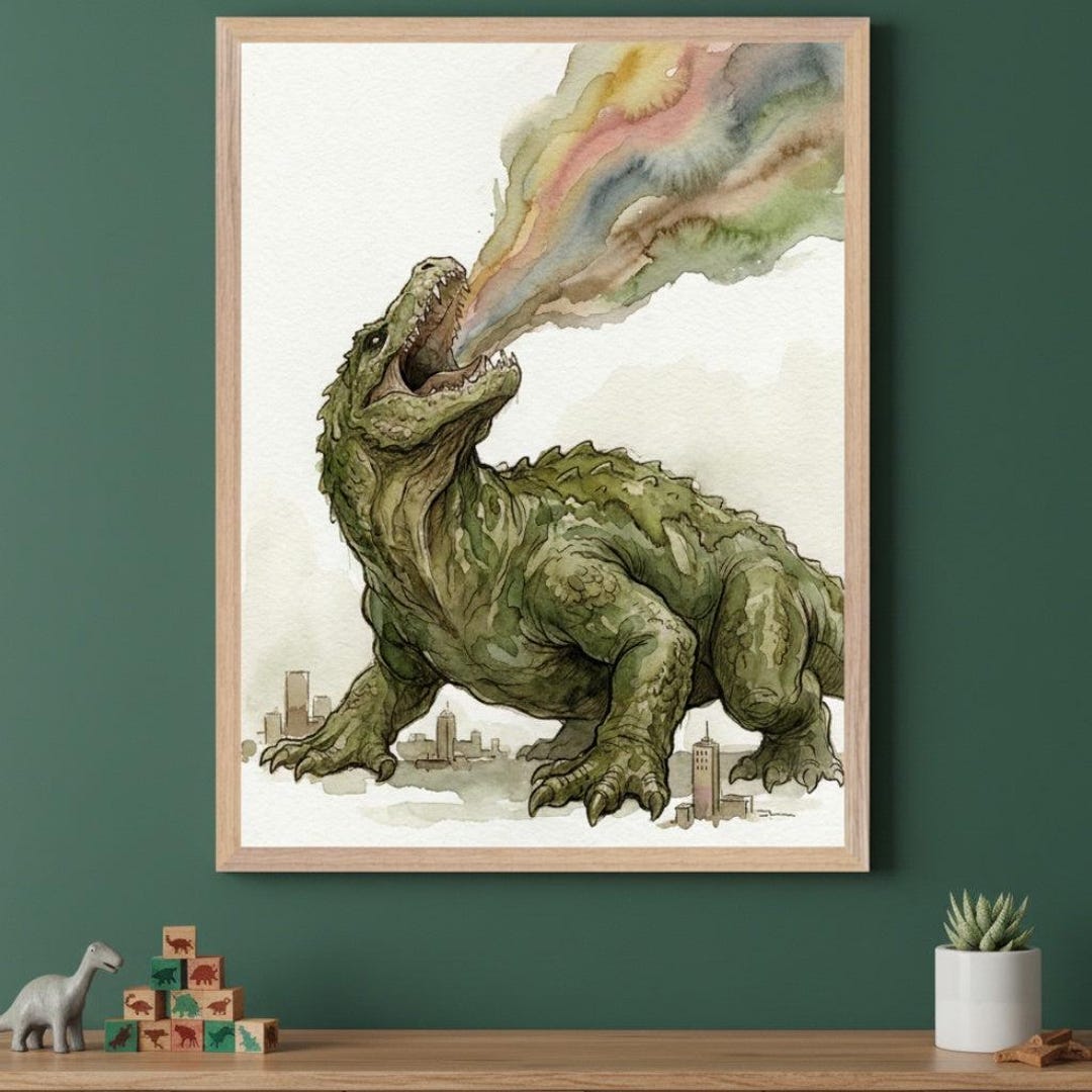 Giant Lizard Monster Watercolor Rainbow Breath Wall Art, Fantasy Beast ...