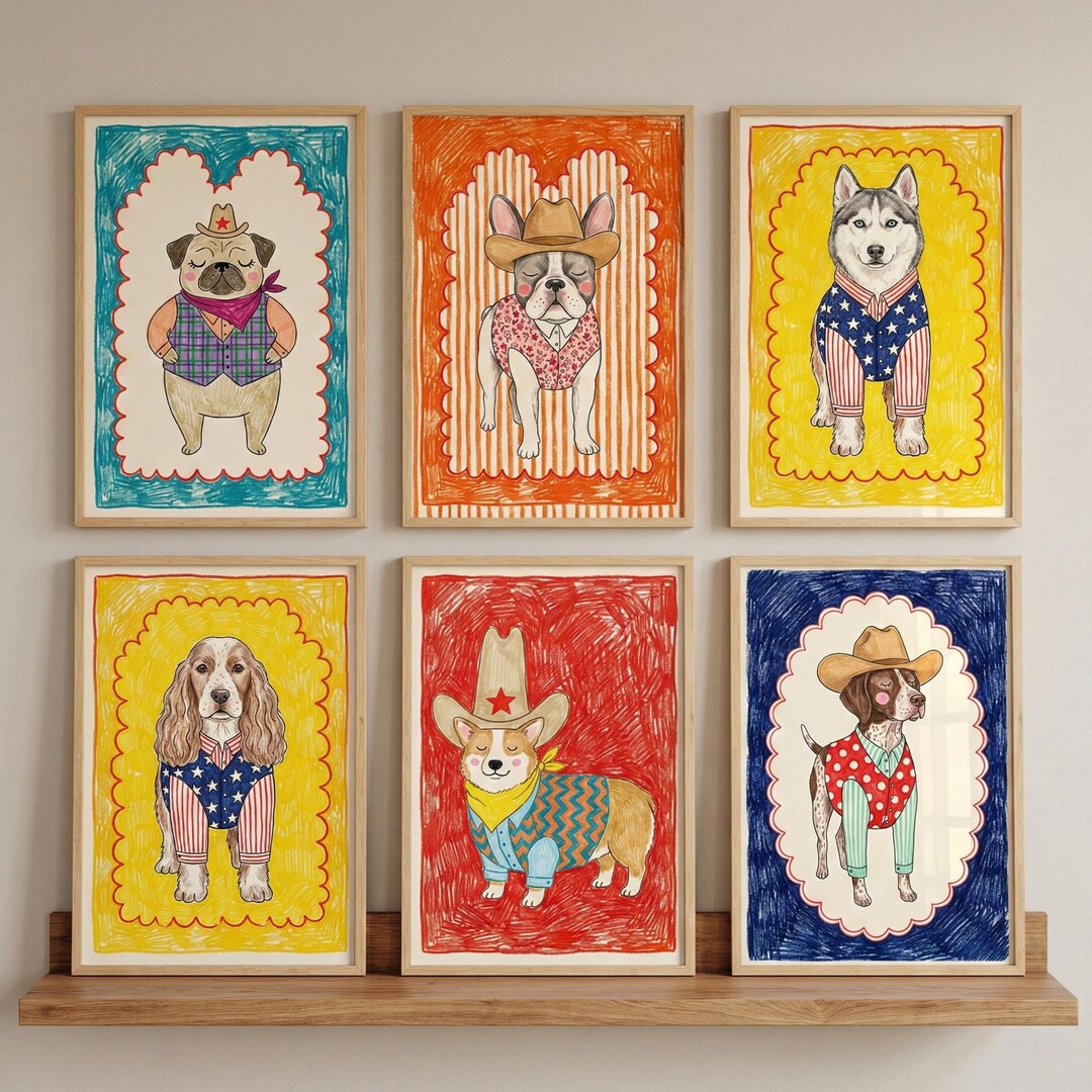 Dog Kids Room Wall Art Set of 6, Western Cowboy Dog Art, Corgi Husky ...