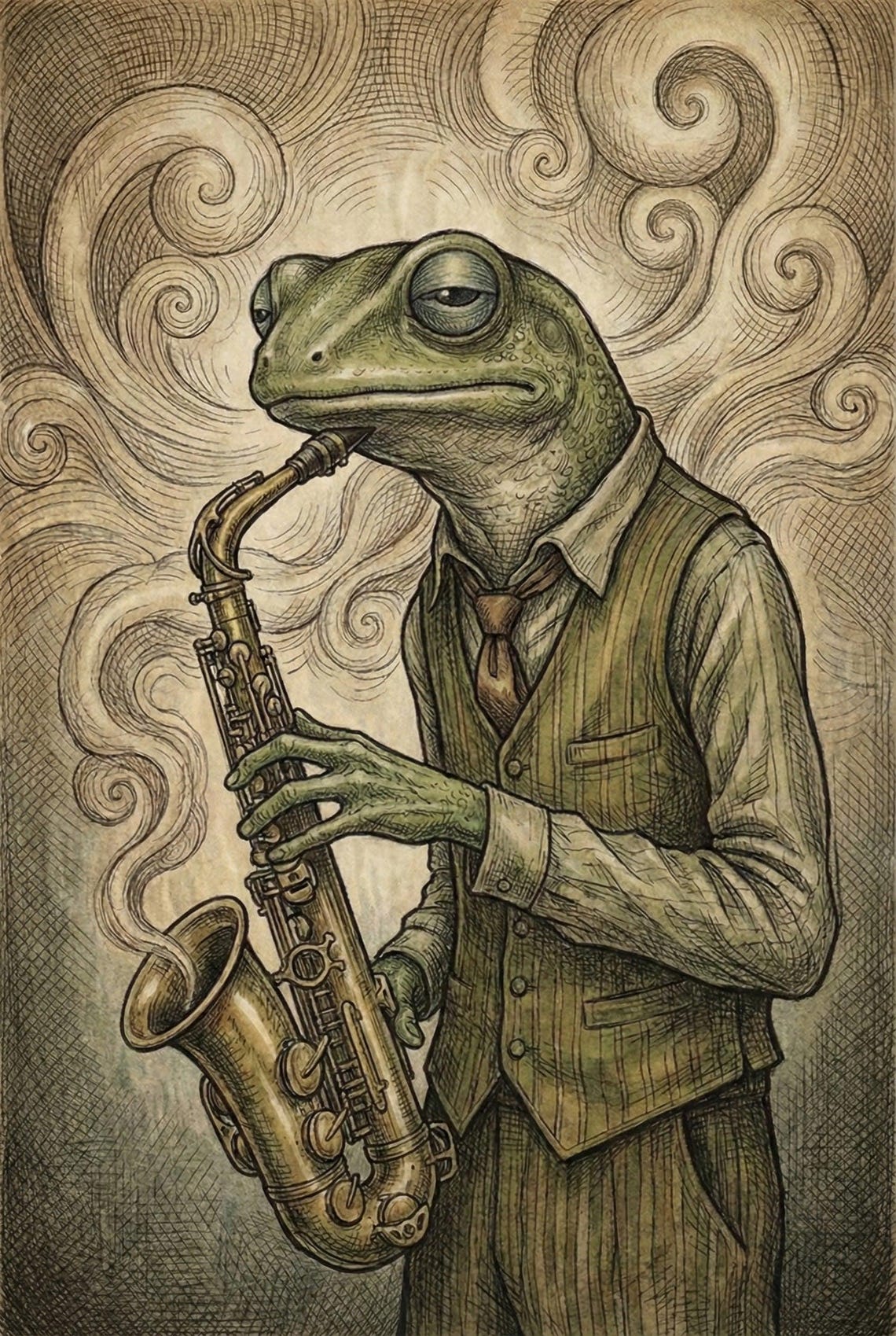 Anthropomorphic Frog Jazz Musician Wall Art, Vintage Saxophone Player ...