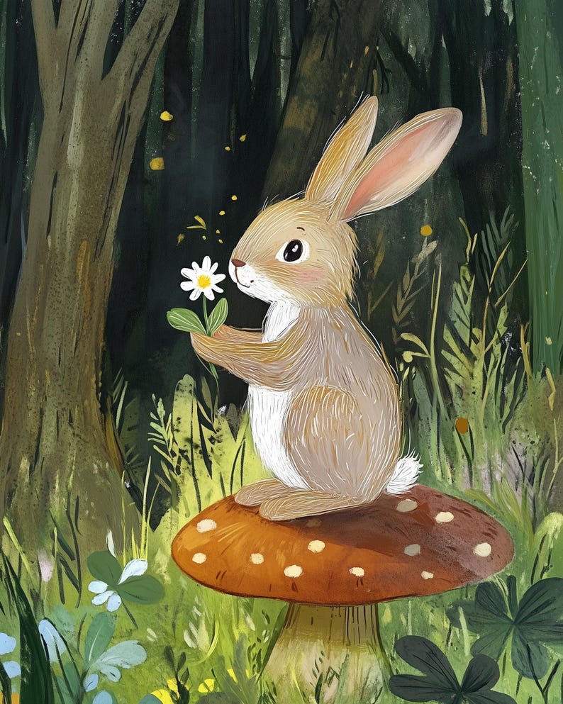 Forest Rabbit Illustration Wall Art, Woodland Nursery Decor, Bunny on ...