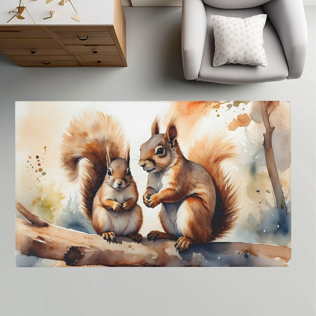 Squirrel Rug for Nursery and Kids Rooms, Woodland Theme Decor, Rug for ...