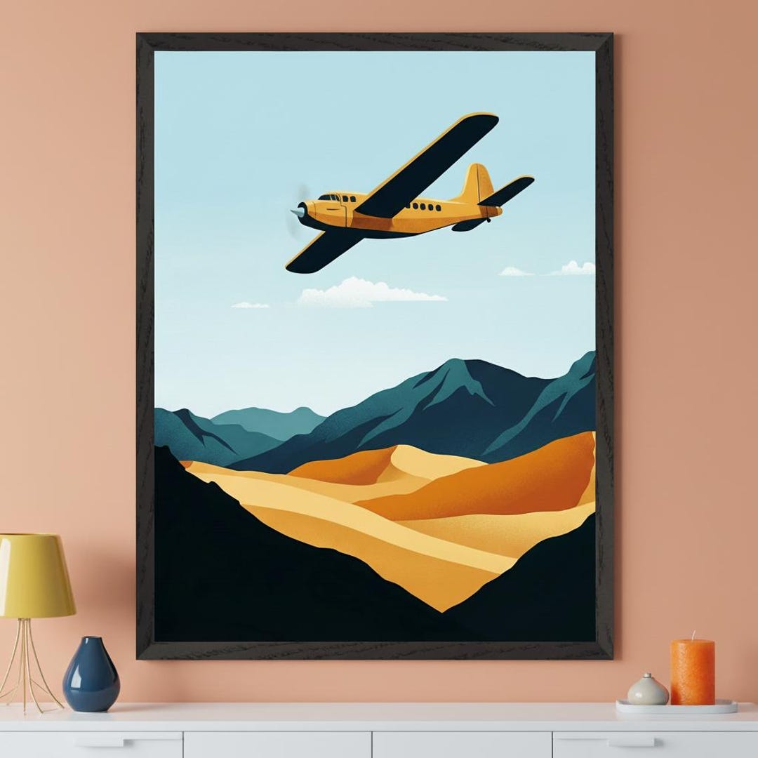 Yellow Propeller Plane Vintage Style Illustration Wall Art, Retro ...