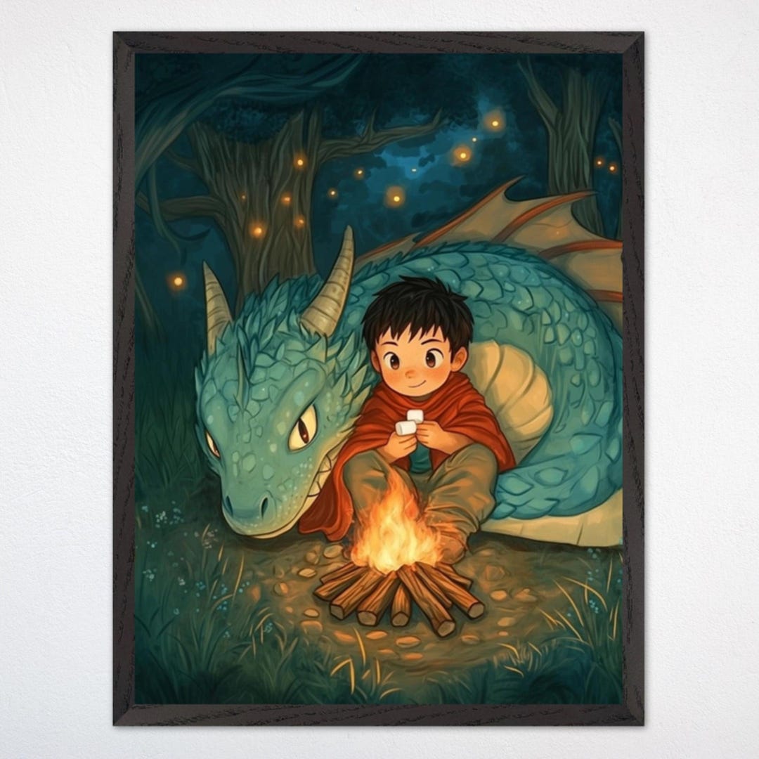 Dragon & Campfire Nursery Art: Whimsical Kids Room Decor, Canvas or ...