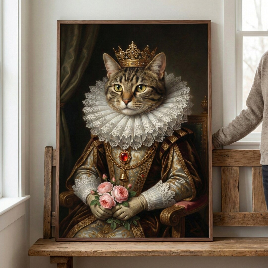 Tabby Cat Royal Portrait Decor Wall Art, Renaissance Pet Illustration ...