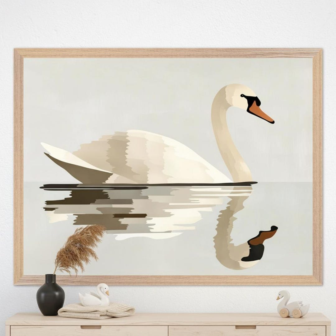 Swan Minimalist Art Wall, Neutral Nursery Bird Decor, Modern Lake ...