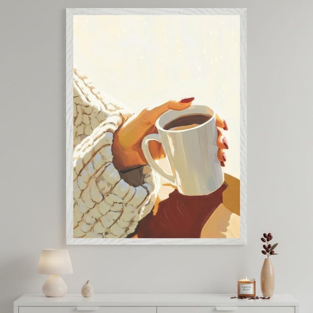 Coffee Framed Wall Art, Cozy Morning View, Warm Light Design, Comfort ...
