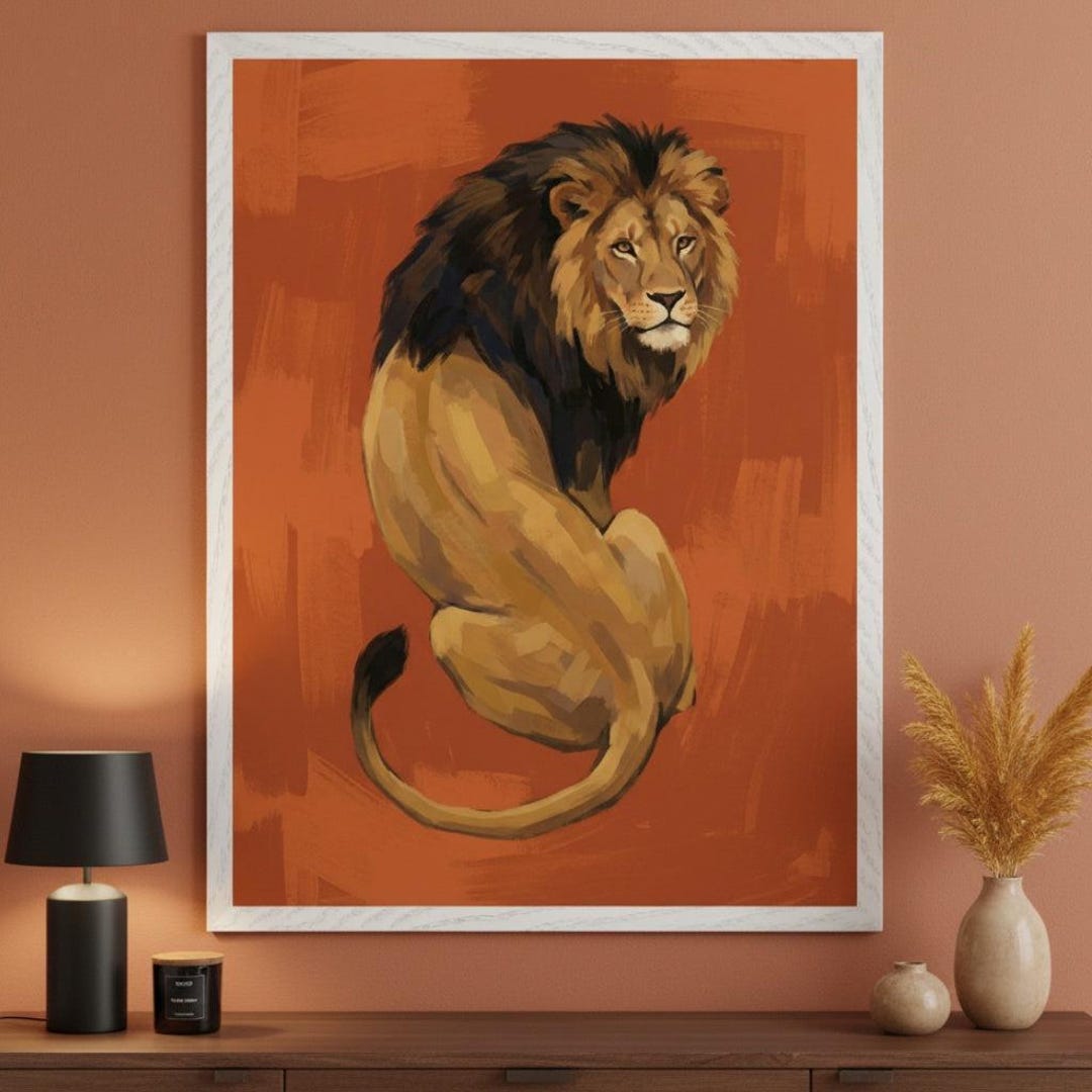 Majestic Lion Rust Orange Backdrop Wall Art, Male Lion Digital ...