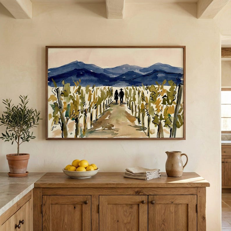 Vineyard Landscape Minimalist Watercolor Wall Art, Wine Country Decor ...