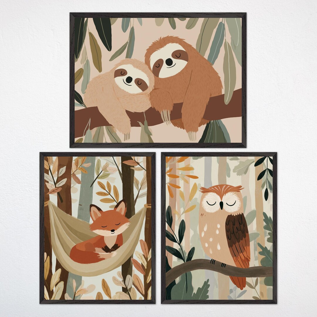 Woodland Animals Nursery Art: Sloth, Fox & Owl Prints - Set of 3 - Etsy UK