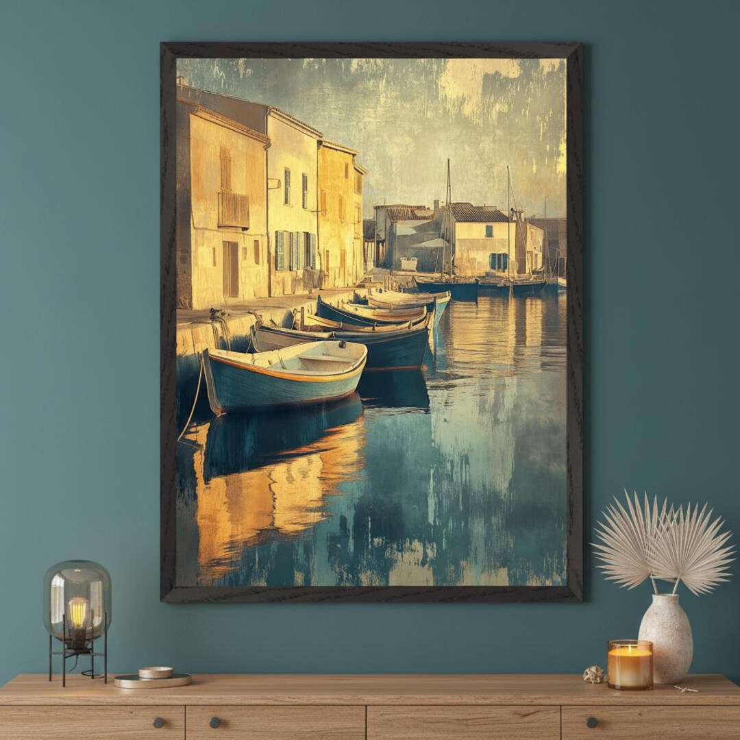Harbor Scene Vintage Coastal Wall Art, Mediterranean Village Decor ...
