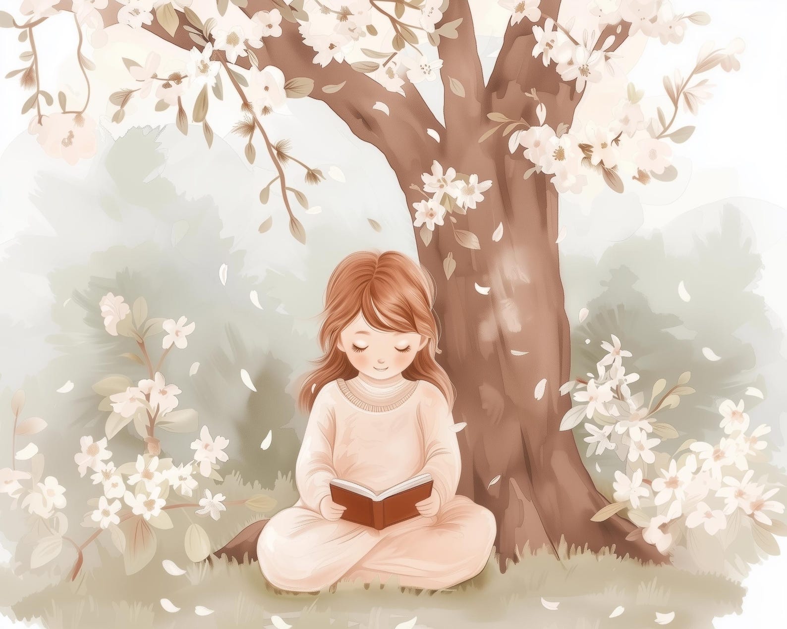 Girl Reading Wall Art, Soft Watercolor, Whimsical Cherry Blossom ...