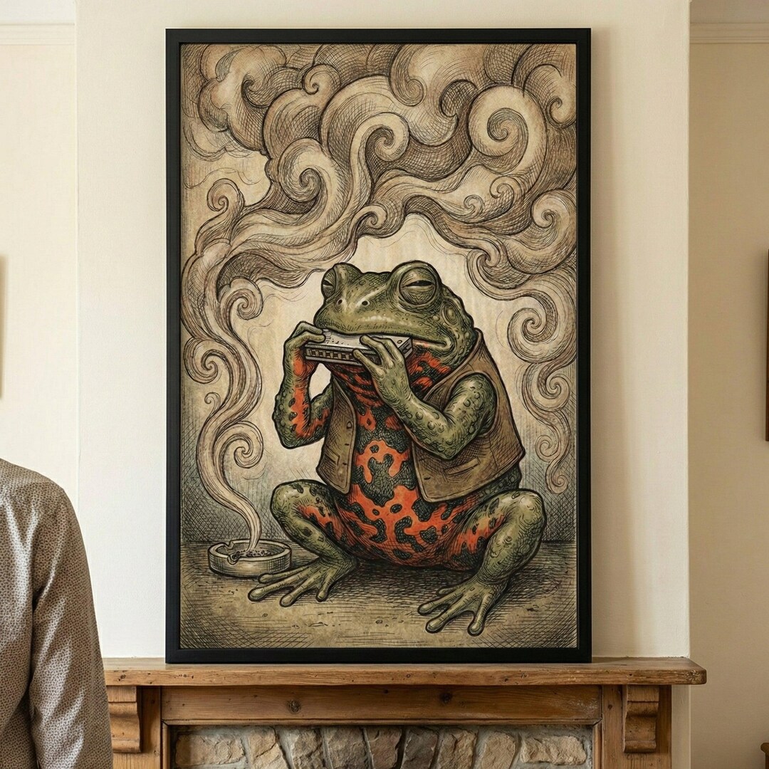 Musician Frog Vintage Wall Art, Harmonica Toad Illustration, Blues ...