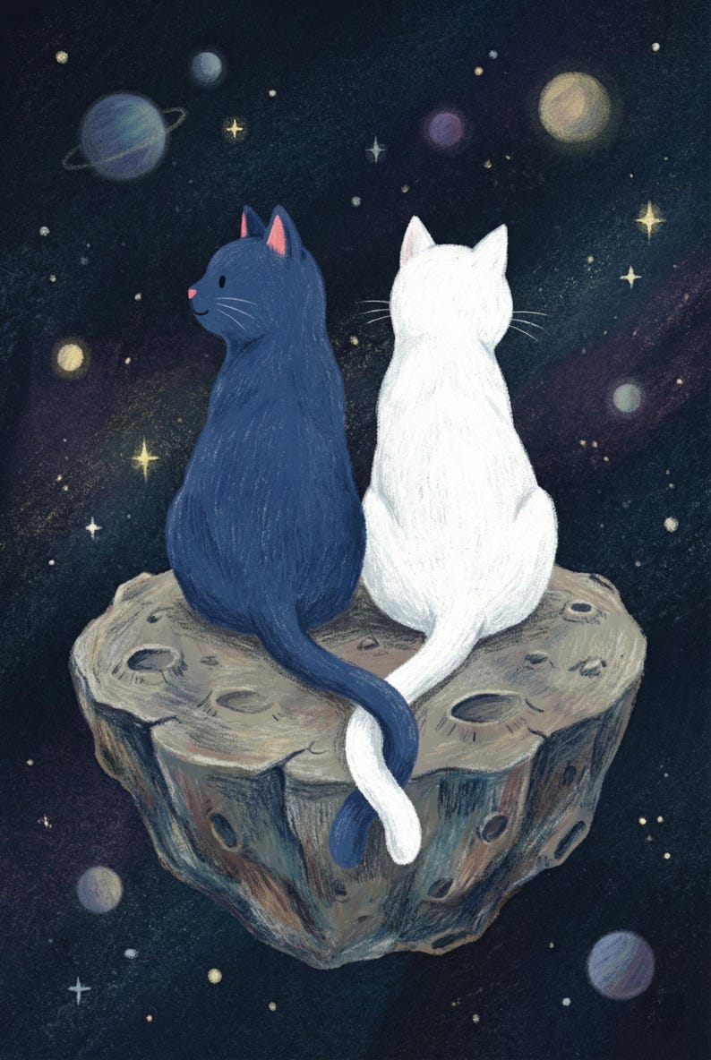 Cats Wall Art, Celestial Cat Decor, Whimsical Moon Illustration, Space ...