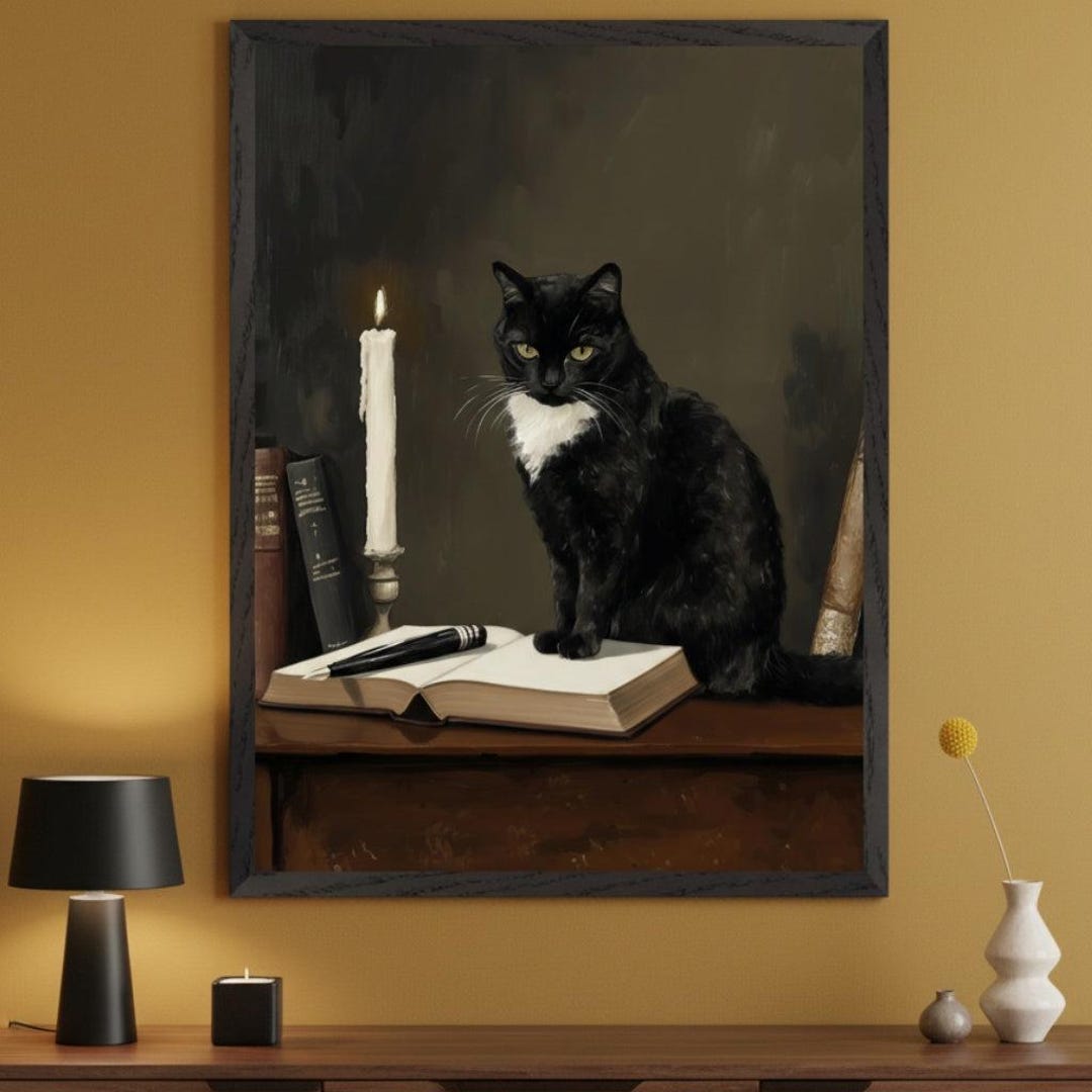 Library Guardian Framed Wall Art: Black Cat With Books in Classic Style ...