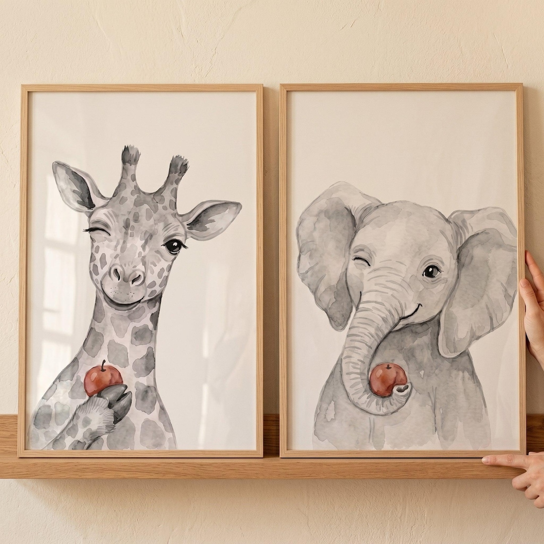 Winking Red Apple Animals Wall Art Set of 2, Watercolor Giraffe ...