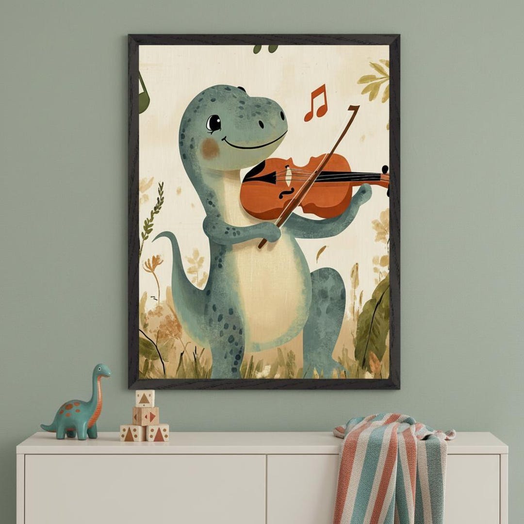 Dinosaur Musician Cute Nursery Style Wall Art, baby trex violin ...