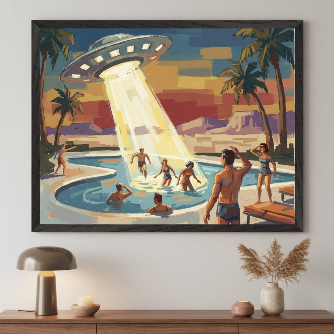 Ufo Abduction Retro Sci-fi Style Wall Art, Vintage Mid Century Modern ...