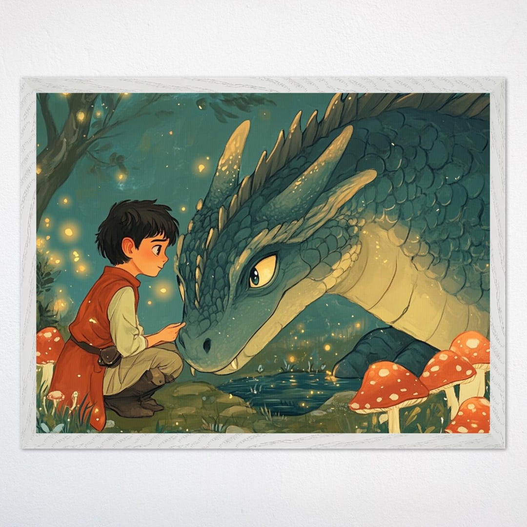 Dragon Wall Art - Affectionate Boy & Dragon Fantasy Framed Art ...