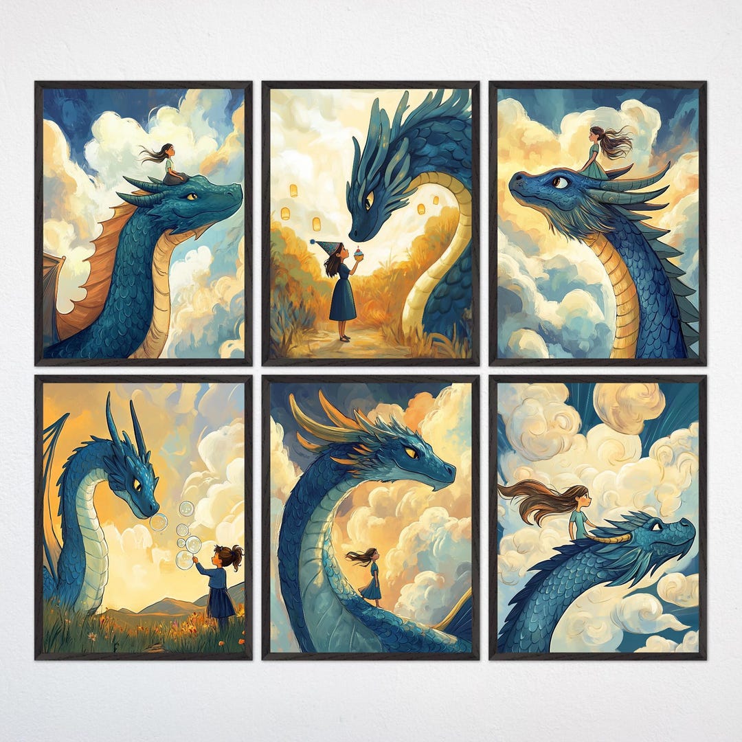 Dragon Framed Wall Art Set for Nursery & Kids' Room: Whimsical Bedroom ...