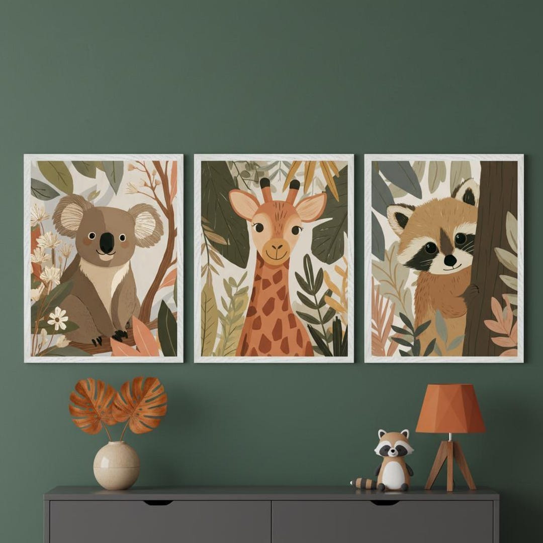 Nursery Animals Wall Art Set of 3, Koala Giraffe Raccoon Prints, Boho ...