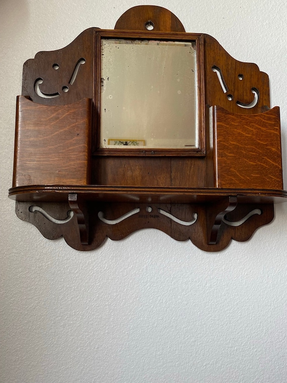 Antique Dark Oak Wall Mirror With Shelf and Two Cubbies - Etsy