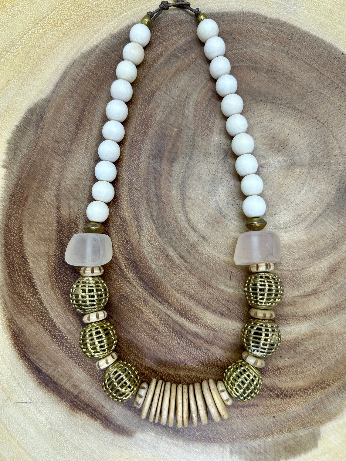 African Filigree Brass, Resin, Wood and Coconut Disk Necklace Beach ...