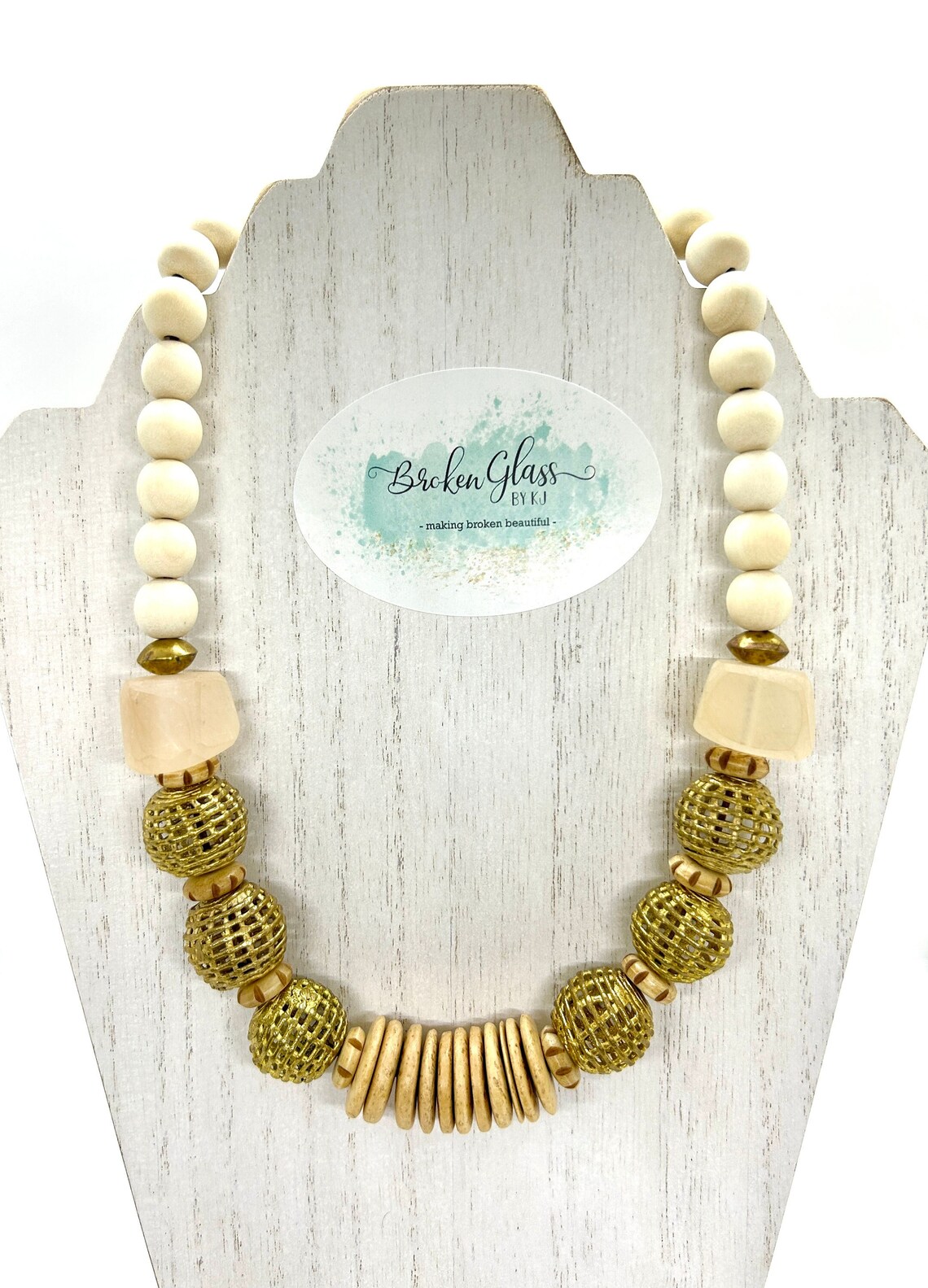 African Filigree Brass, Resin, Wood and Coconut Disk Necklace Beach ...