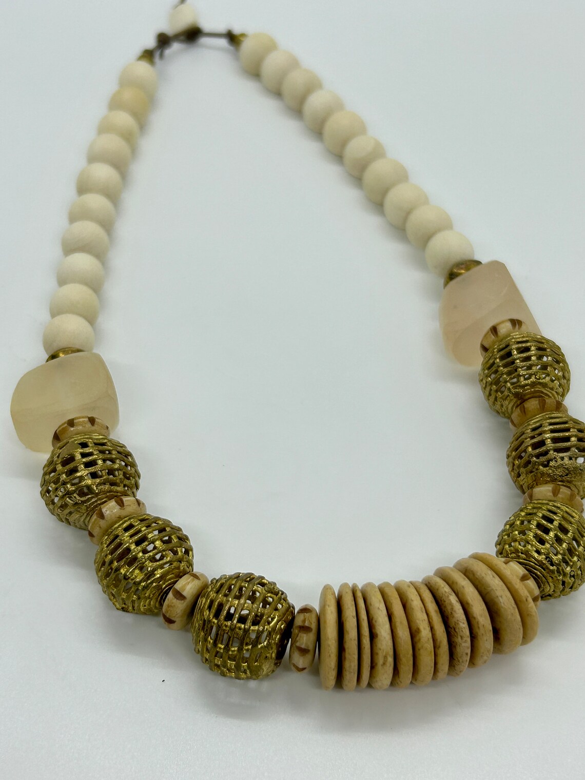 African Filigree Brass, Resin, Wood and Coconut Disk Necklace Beach ...