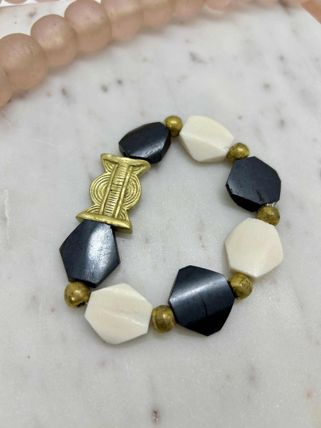 Handmade Kenya Bone Bracelet: Black White Hexagon Beads, African Metal ...